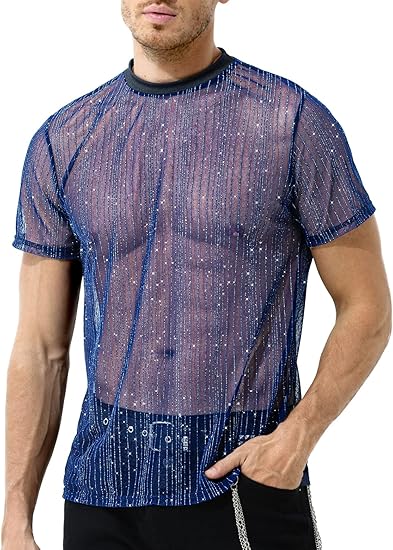 Men's Sexy Sparkly Sheer T-Shirts See-Through Lace Dress Shirts Tops